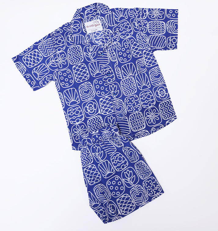 "Hello Summer" Coord Set for Boys in Blue and White – The Little Stitch